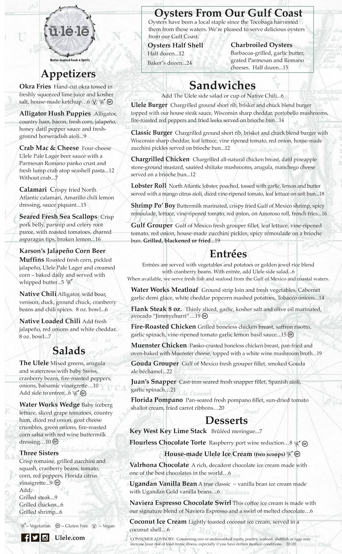 Menu at Ulele restaurant, Tampa, N Highland Ave
