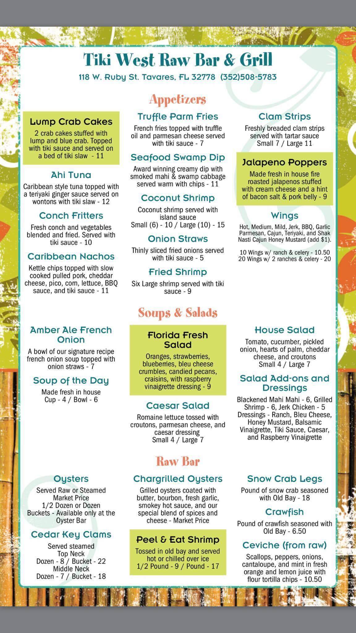 Menu at Tiki West Raw Bar and Grill, Tavares