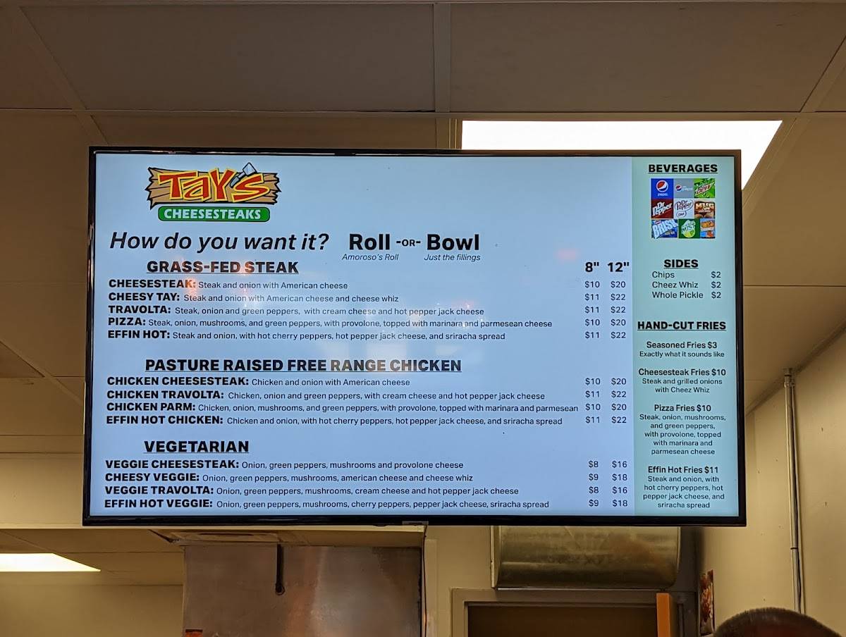Menu at Tay’s Cheesesteak restaurant, Kansas City