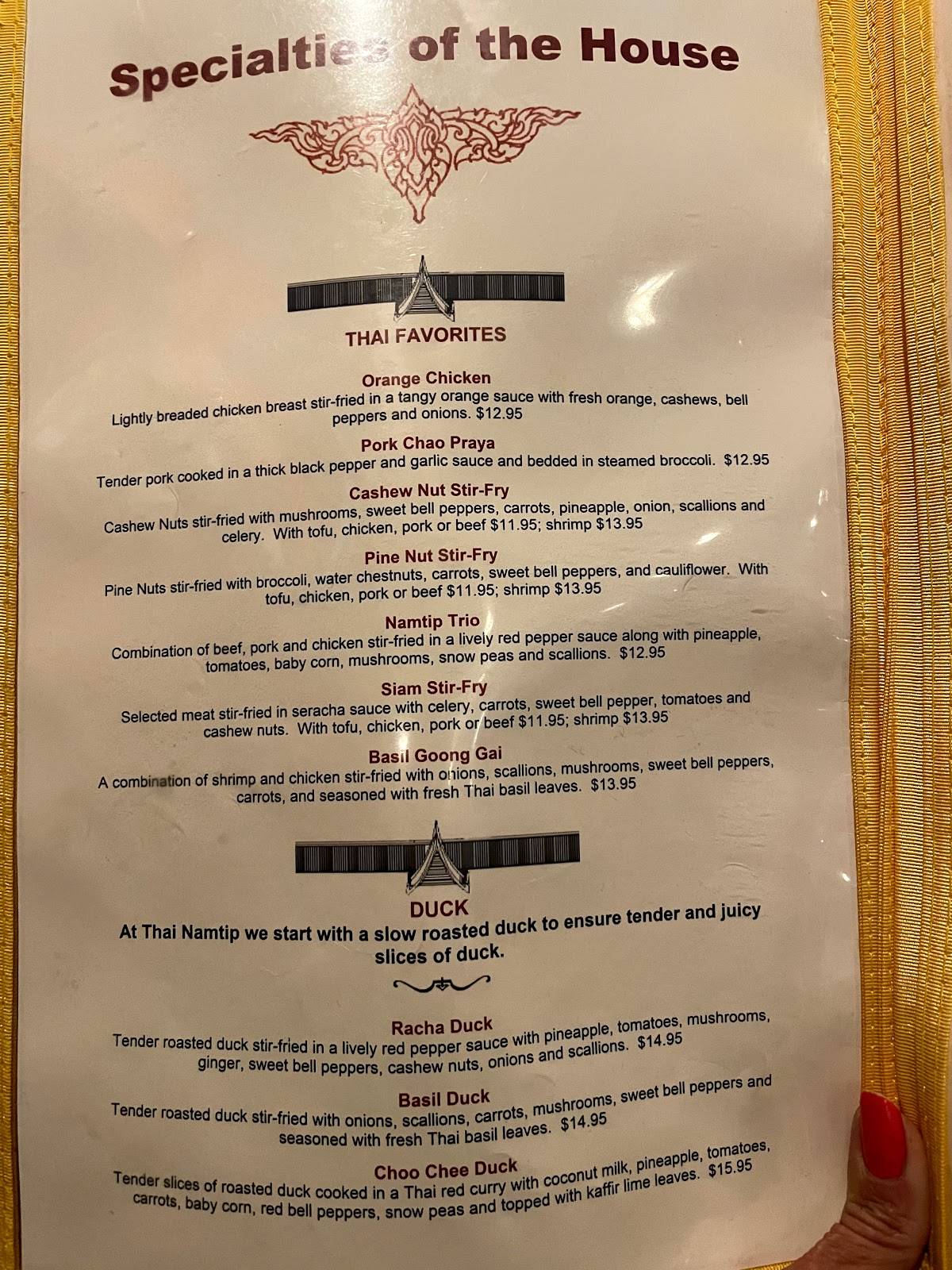 Menu at Thai Namtip restaurant, Cincinnati