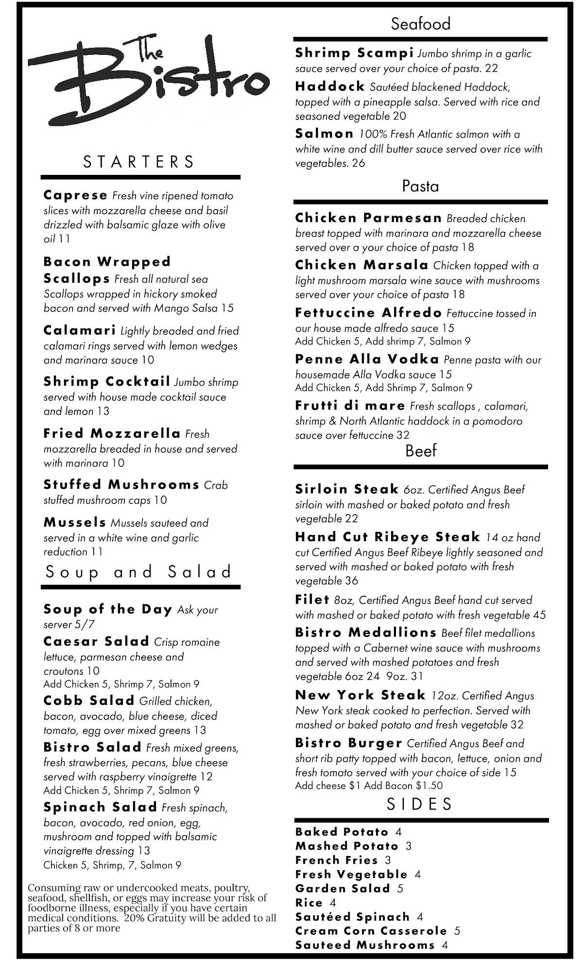 Menu at The Bistro at The Grand Oaks Resort restaurant, USA