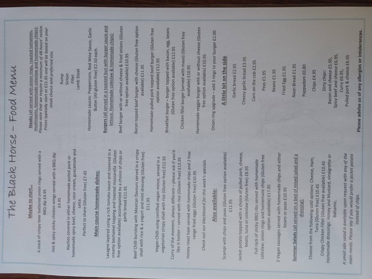 Menu at The Black Horse pub & bar, Surfleet