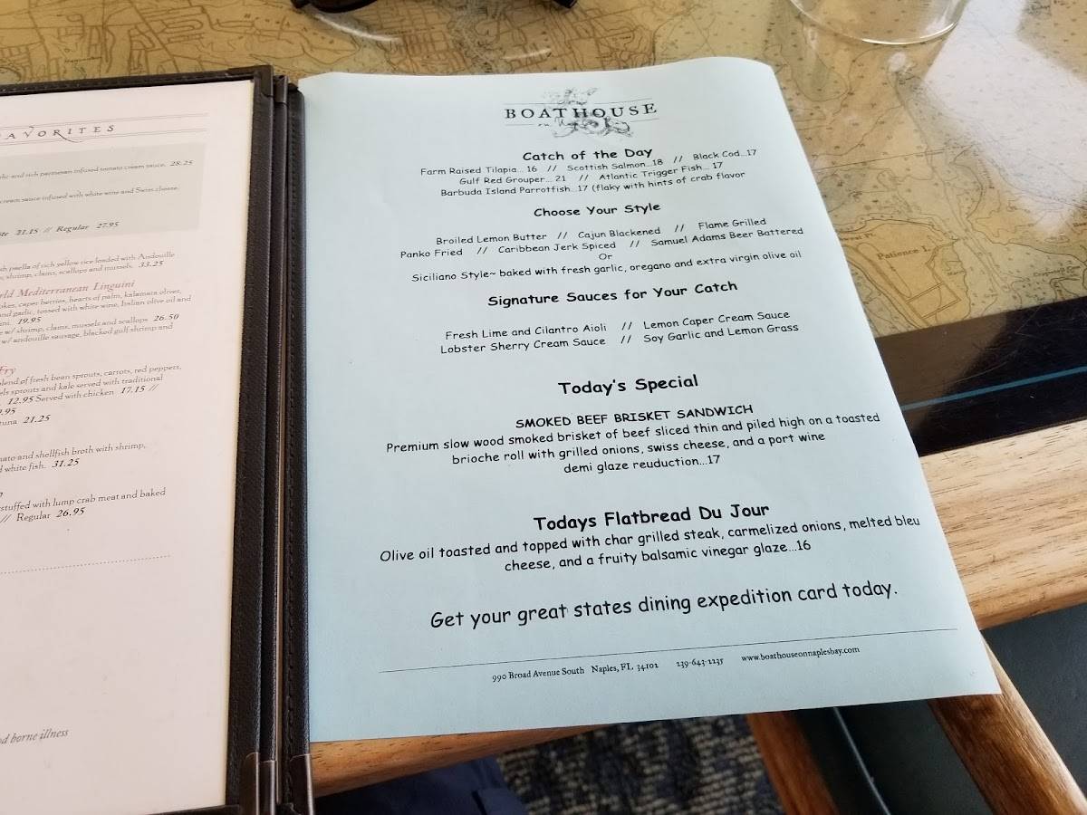 Menu at The Boathouse on Naples Bay restaurant, Naples