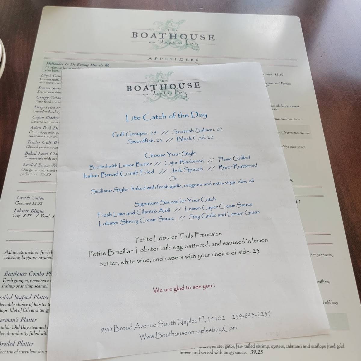 Menu at The Boathouse on Naples Bay restaurant, Naples