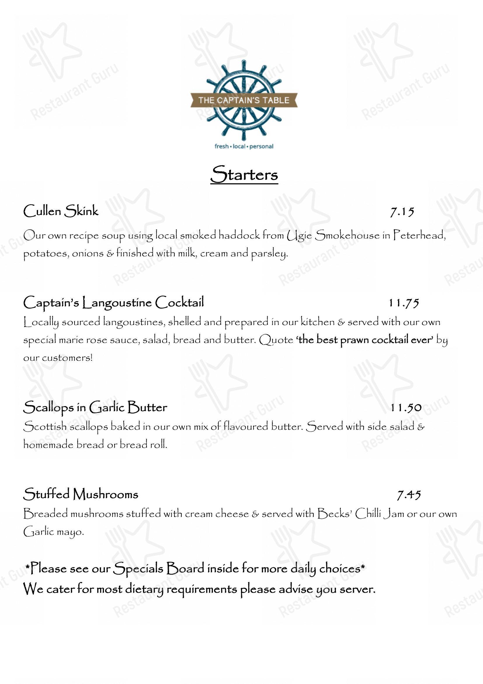 Menu at The Captain's Table restaurant, Fraserburgh