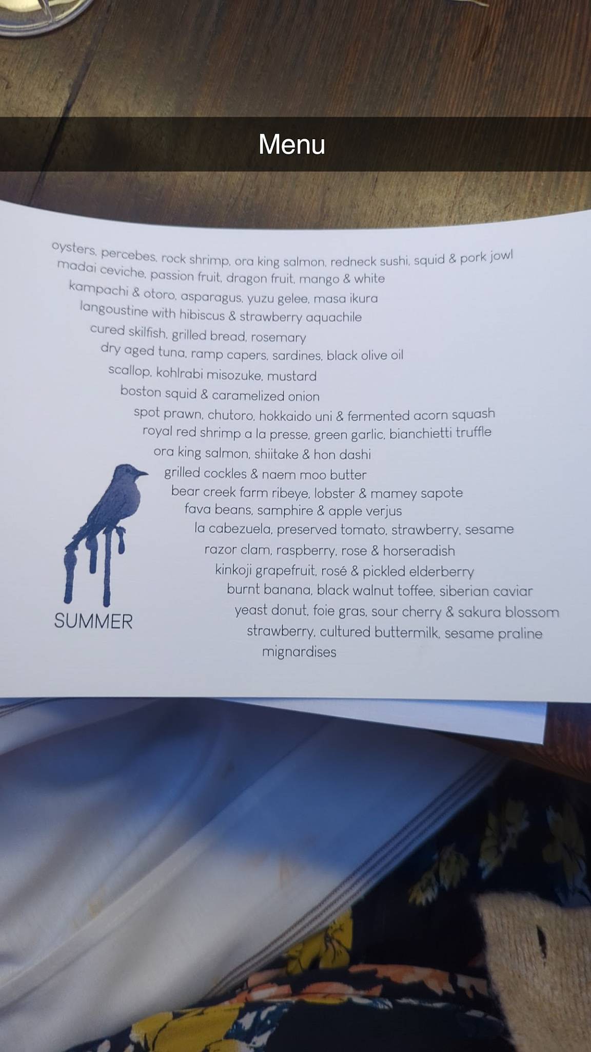 Menu at The Catbird Seat restaurant, Nashville