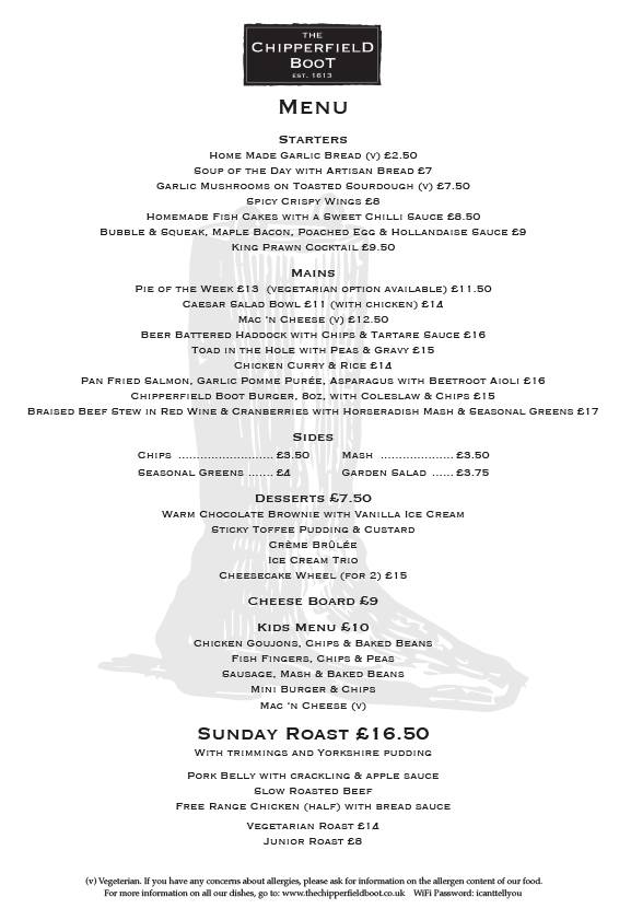 Menu at The Chipperfield Boot pub & bar, Kings Langley, Tower Hill