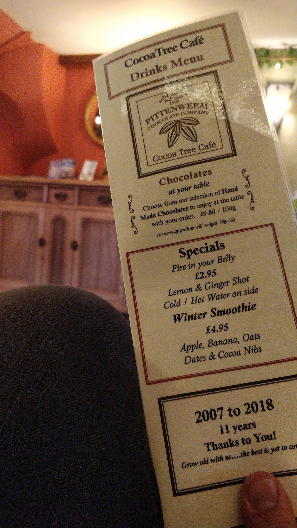 Menu at The Cocoa Tree Shop cafe, Pittenweem