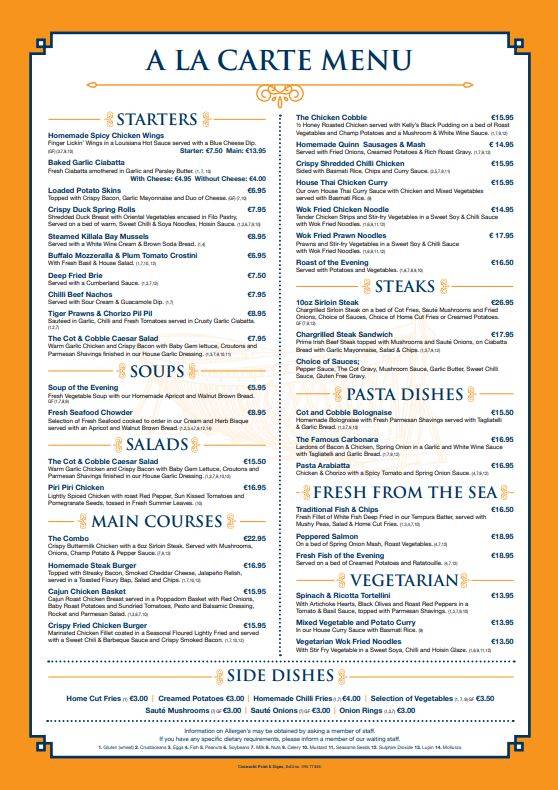 Menu at The Cot and Cobble pub & bar, Ballina