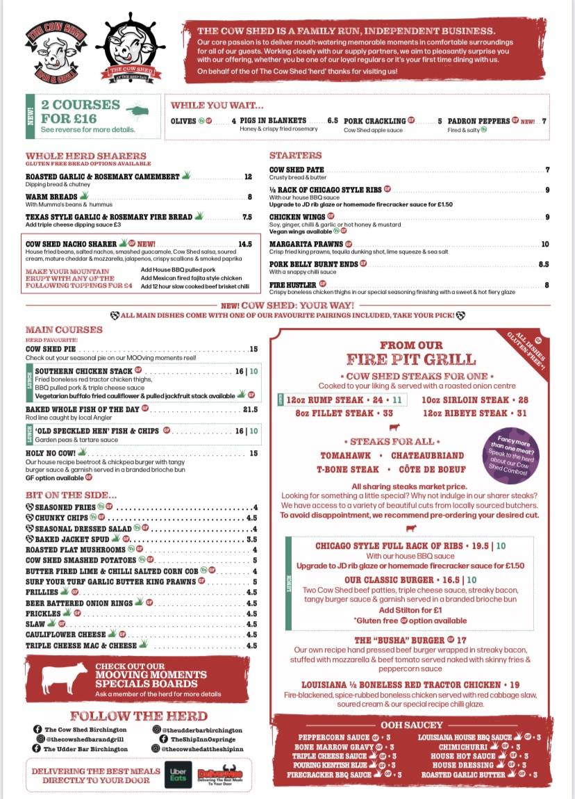 Menu at The Cow Shed at The Ship Inn pub & bar, Faversham