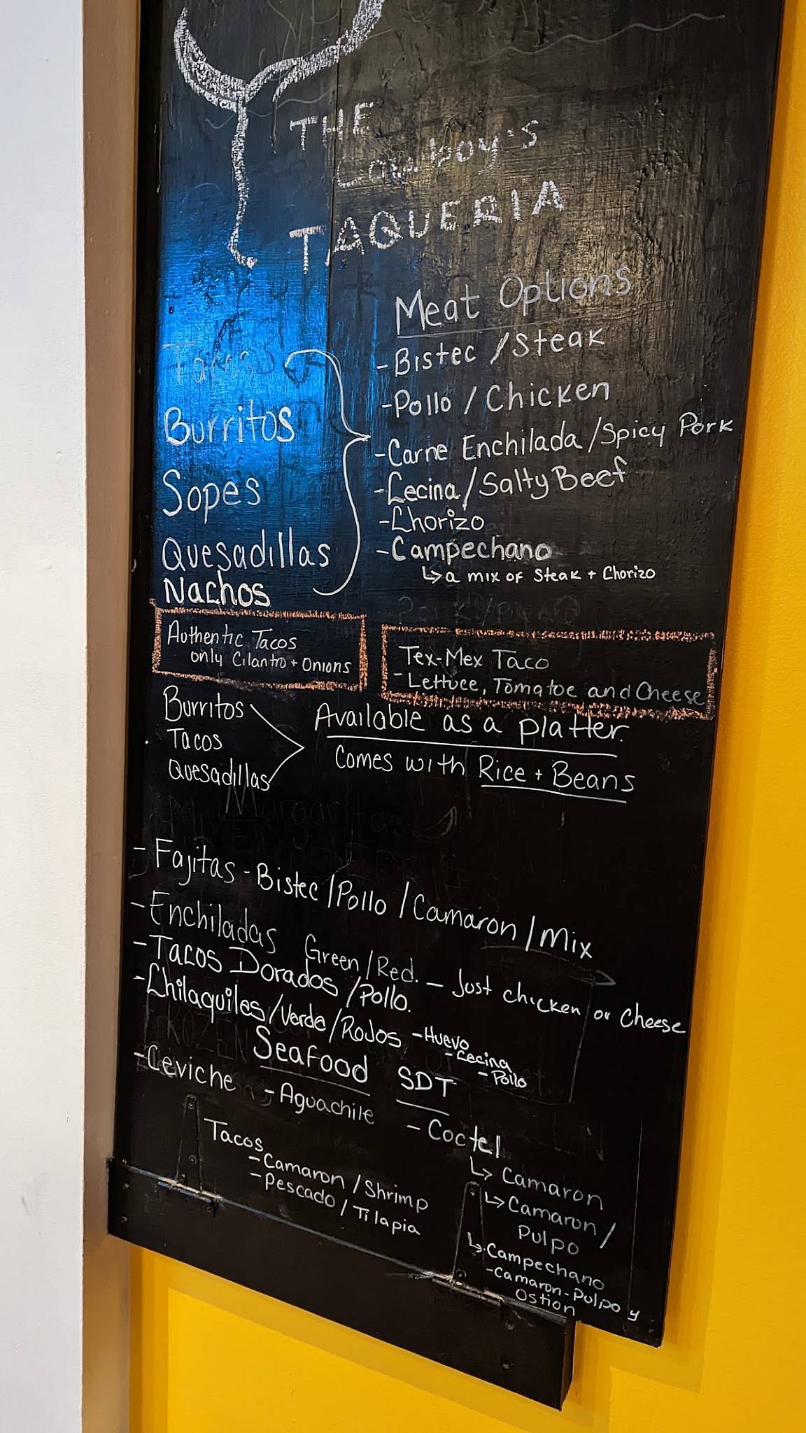 Menu at The Cowboy's Taqueria restaurant, Cobleskill