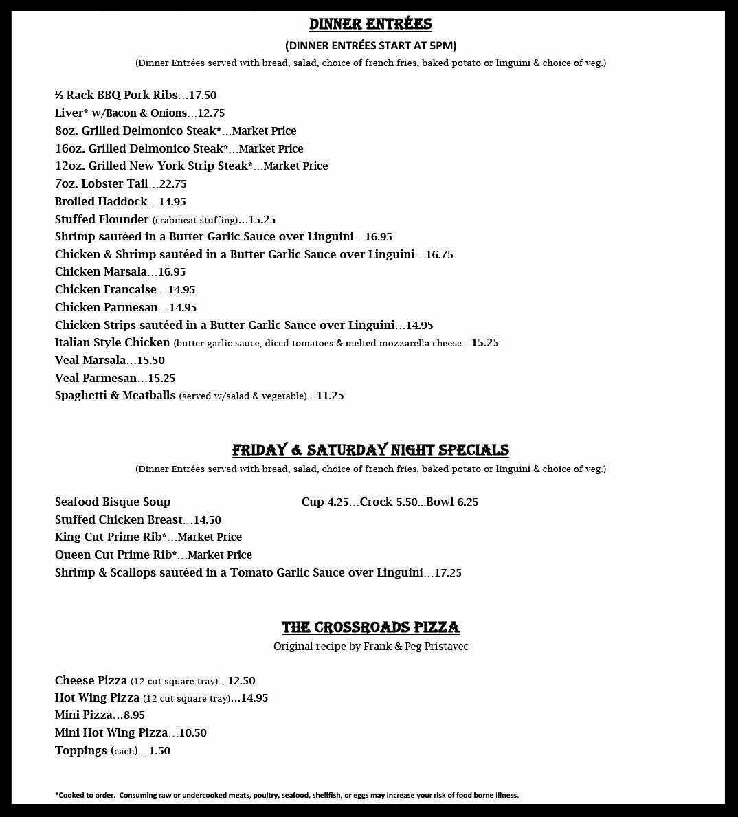 Menu at The Crossroads pub & bar, Waymart, 93 PA-296