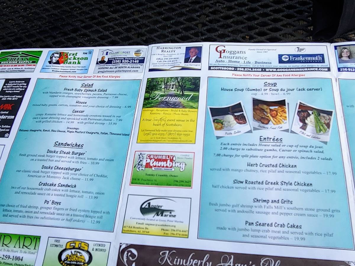 Menu at The Docks steakhouse, Scottsboro, Ed Hembree Dr