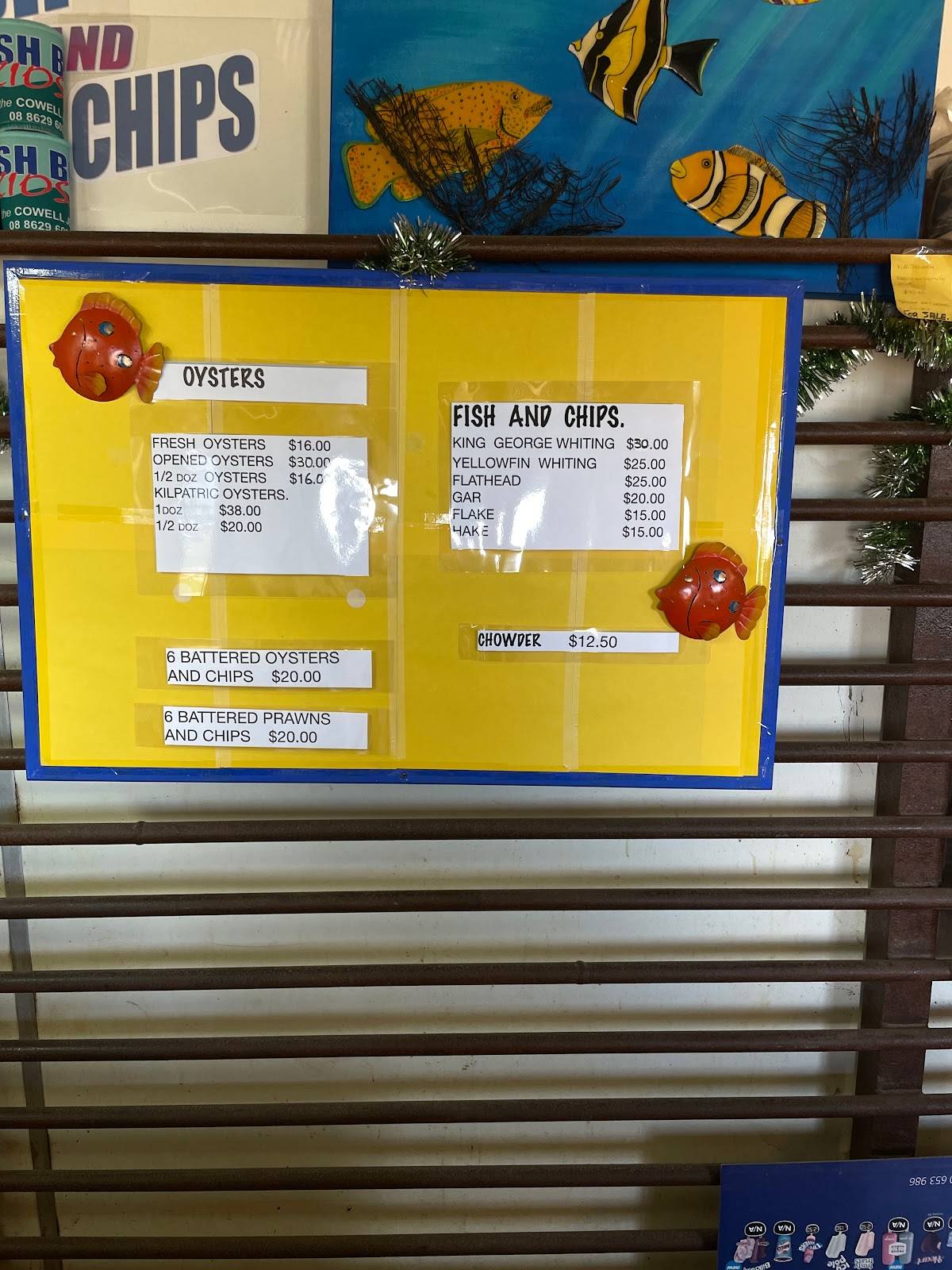 Menu at The Fish Box Kiosk restaurant, Cowell