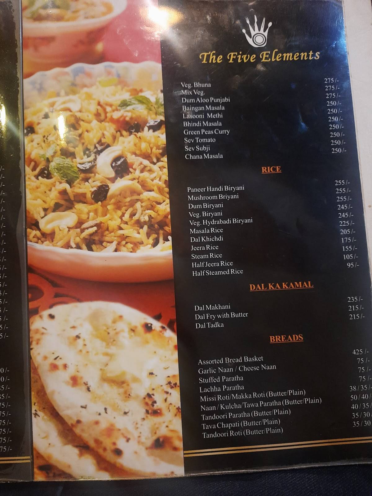 Menu at The Five Elements Restaurant, Nashik, Mahatma Nagar-Untwadi Rd