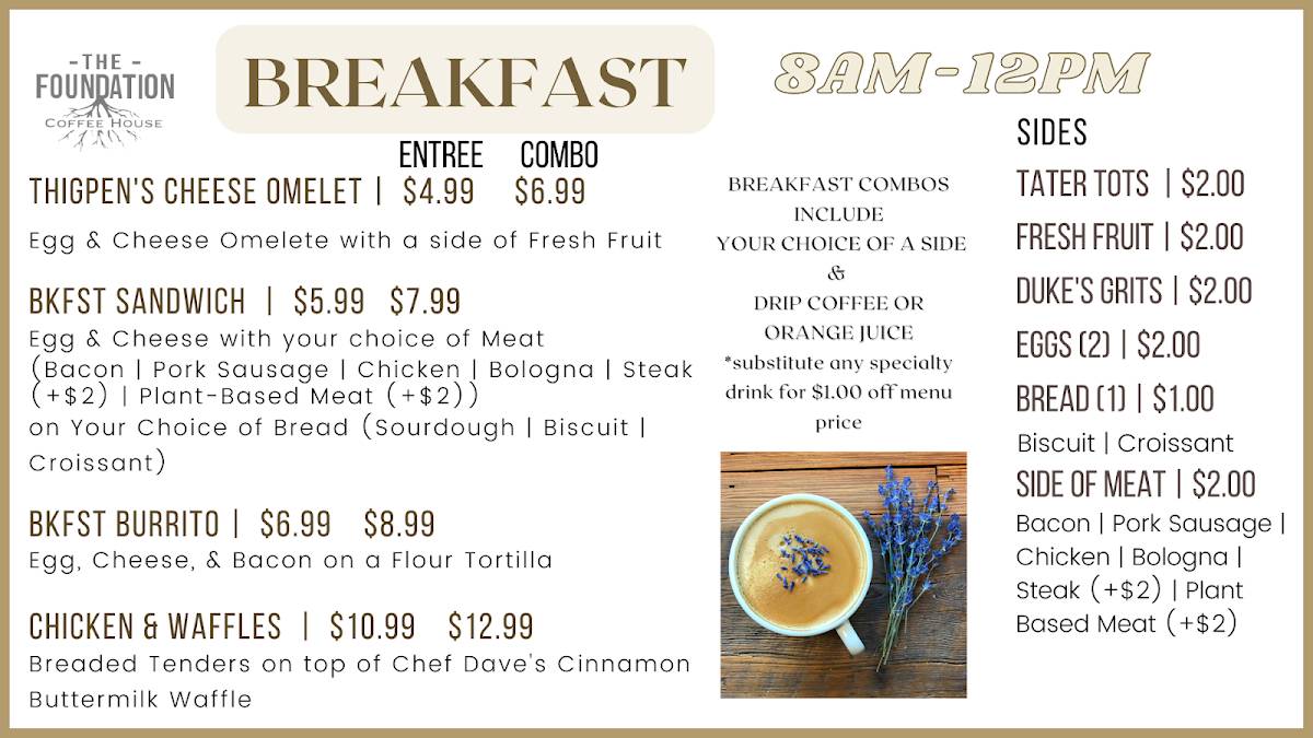 Menu at The Foundation Coffeehouse cafe, Huntsville
