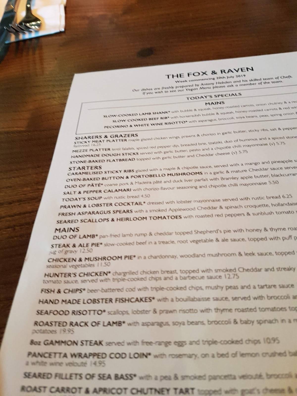 Carta del pub y bar The Fox And Raven, Chelmsford