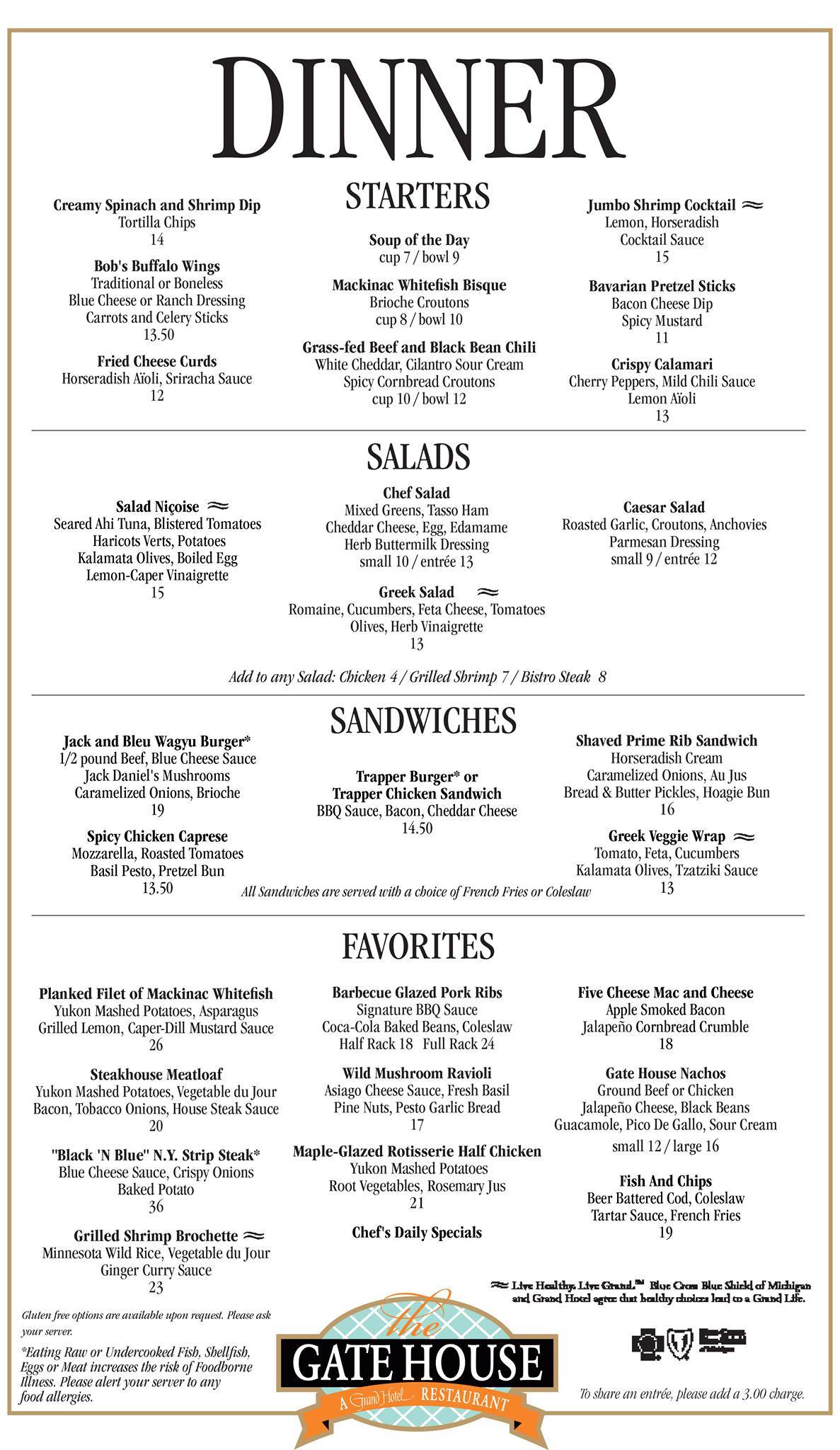 Menu at The Gate House restaurant, Mackinac Island