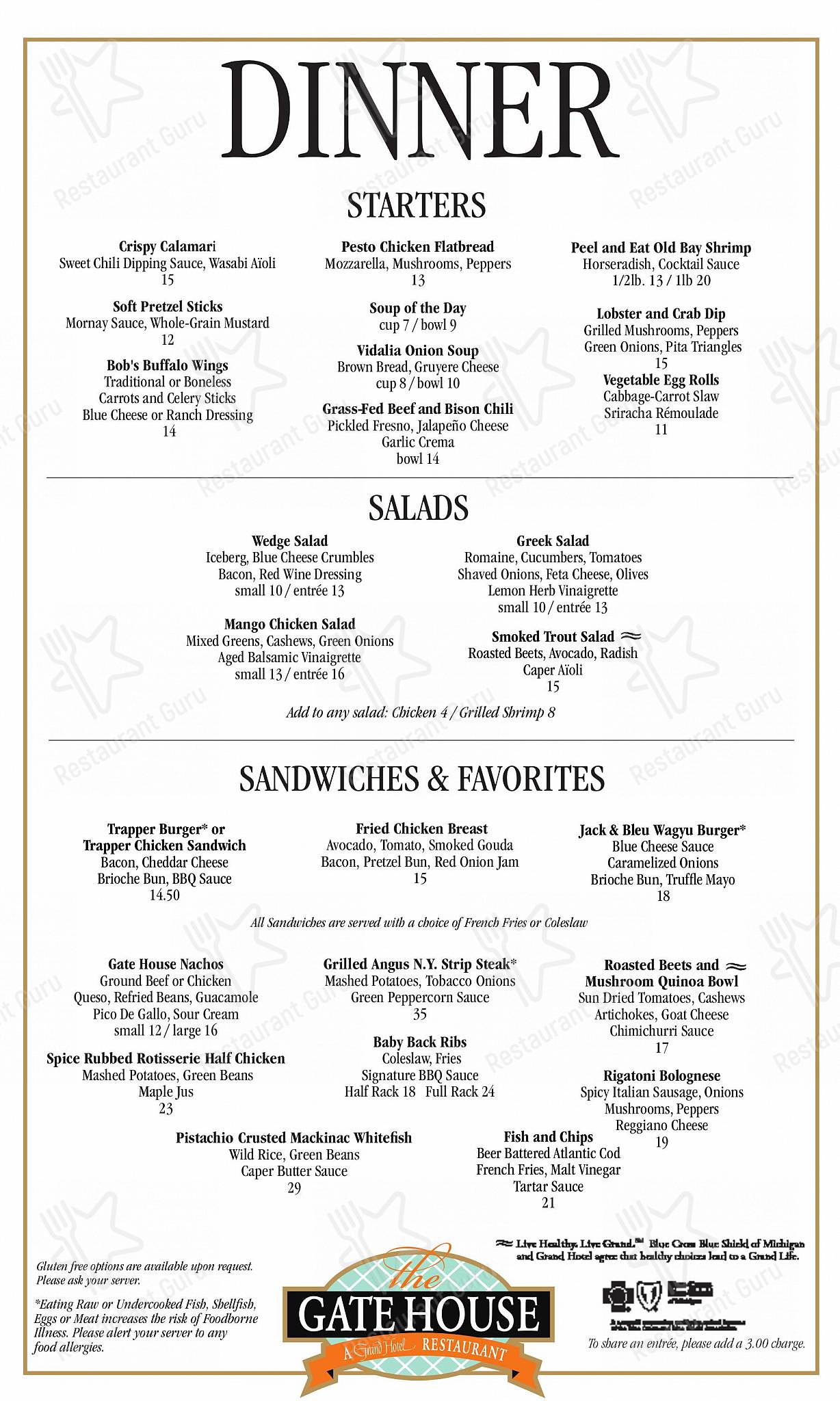 Menu at The Gate House restaurant, Mackinac Island
