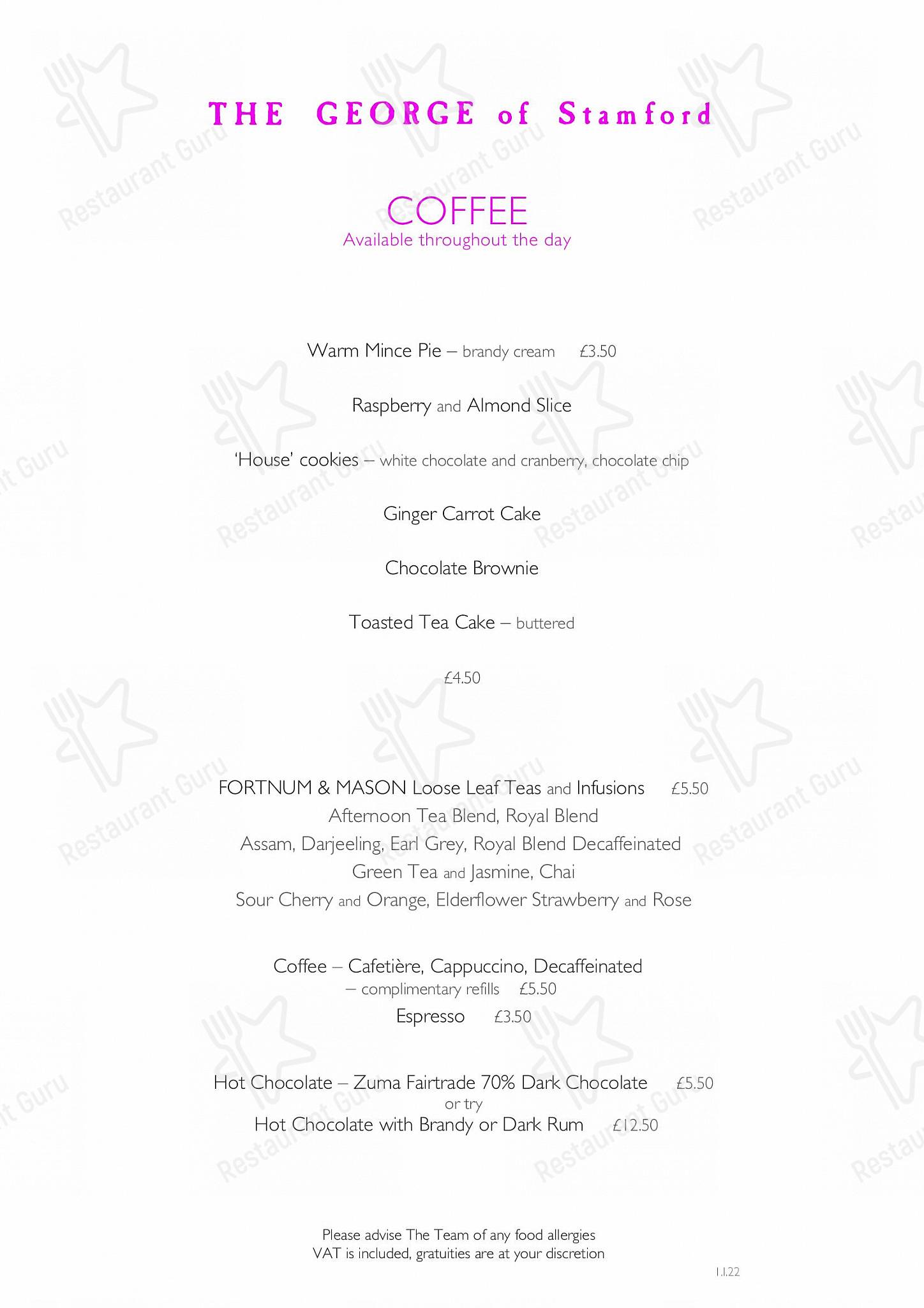 Menu at The George Hotel of Stamford restaurant, Stamford