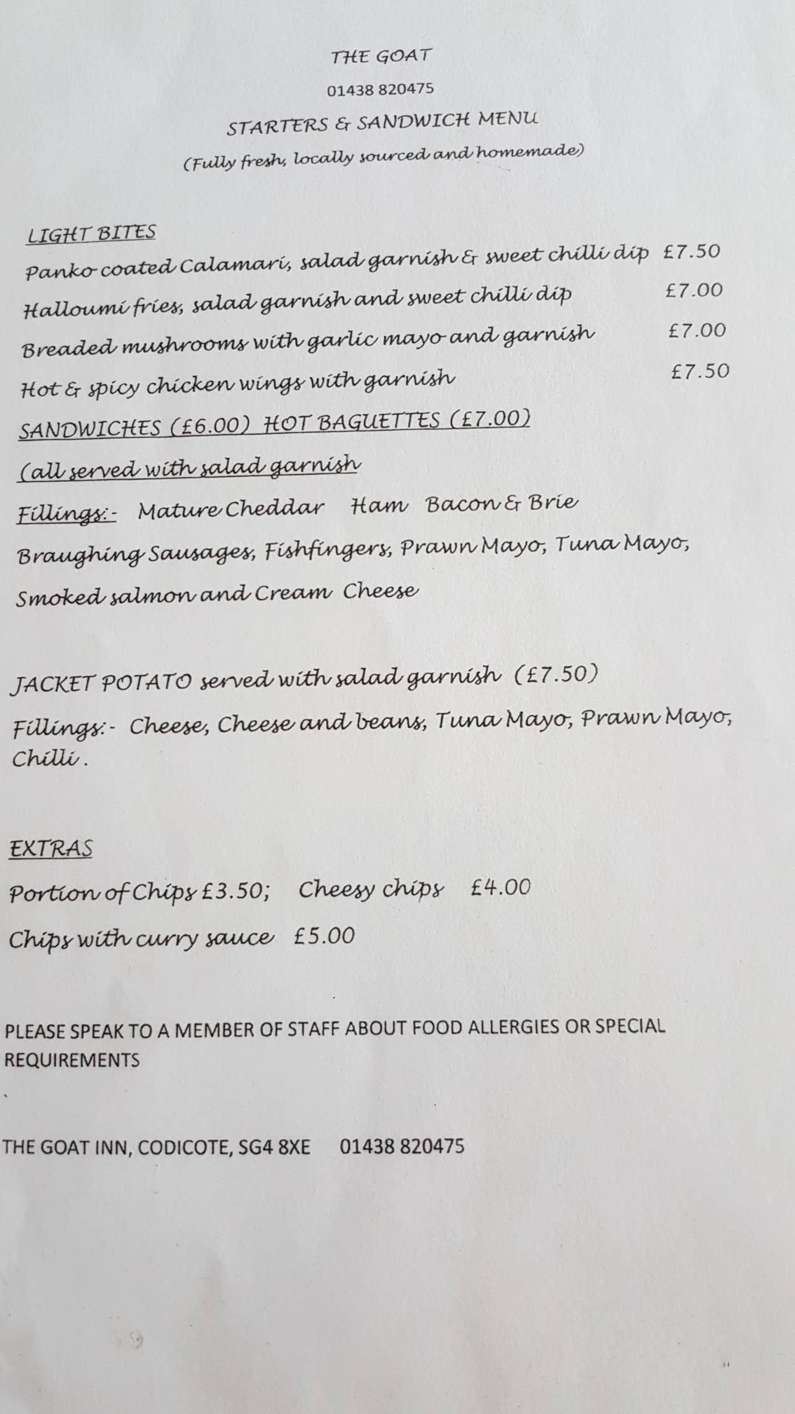 Menu at The Goat Inn Ltd pub & bar, Codicote