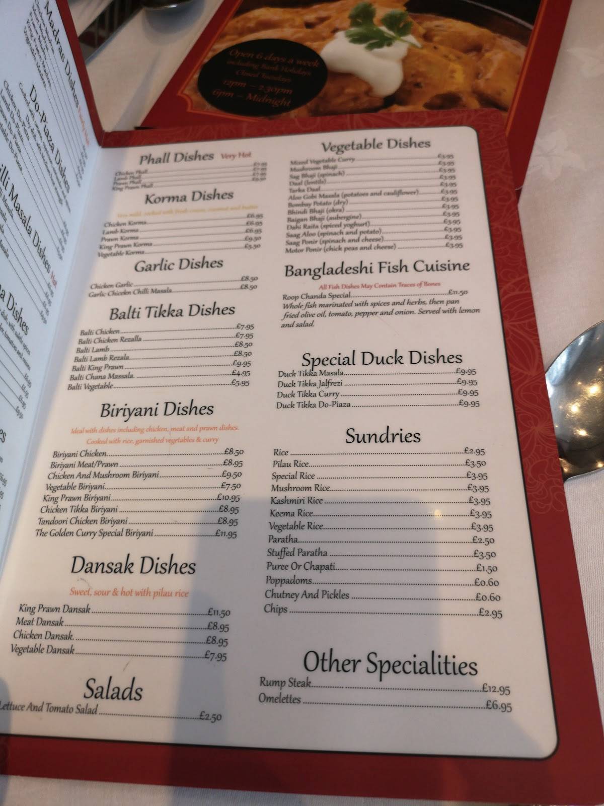 Menu at The Golden Curry Restaurant, Margate