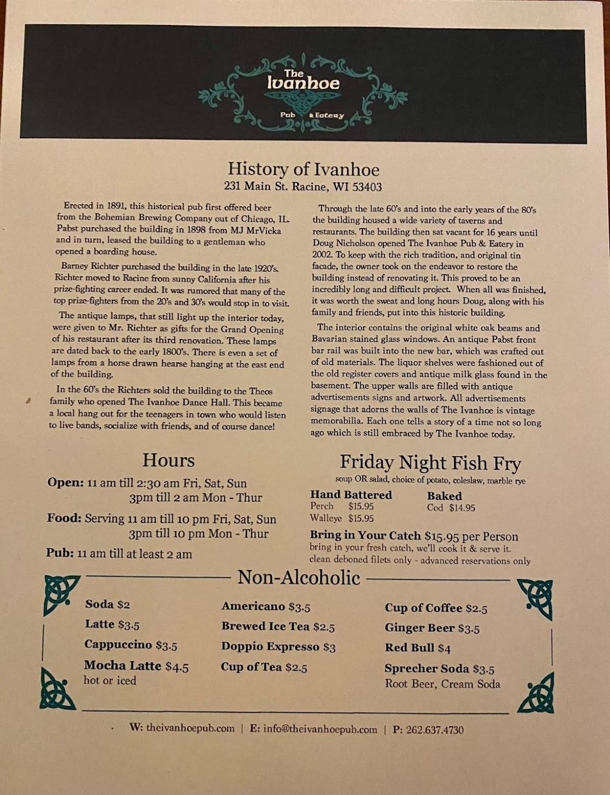 Menu at The Ivanhoe Pub & Eatery, Racine