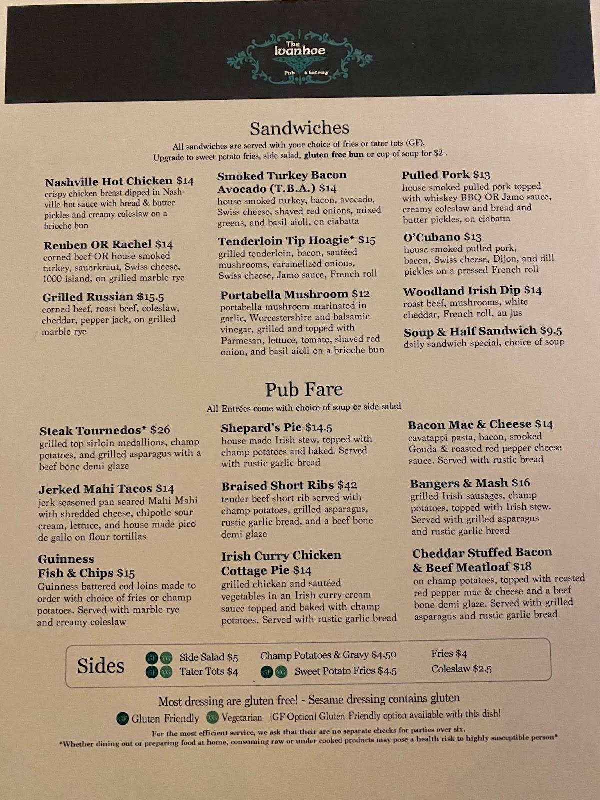 Menu at The Ivanhoe Pub & Eatery, Racine