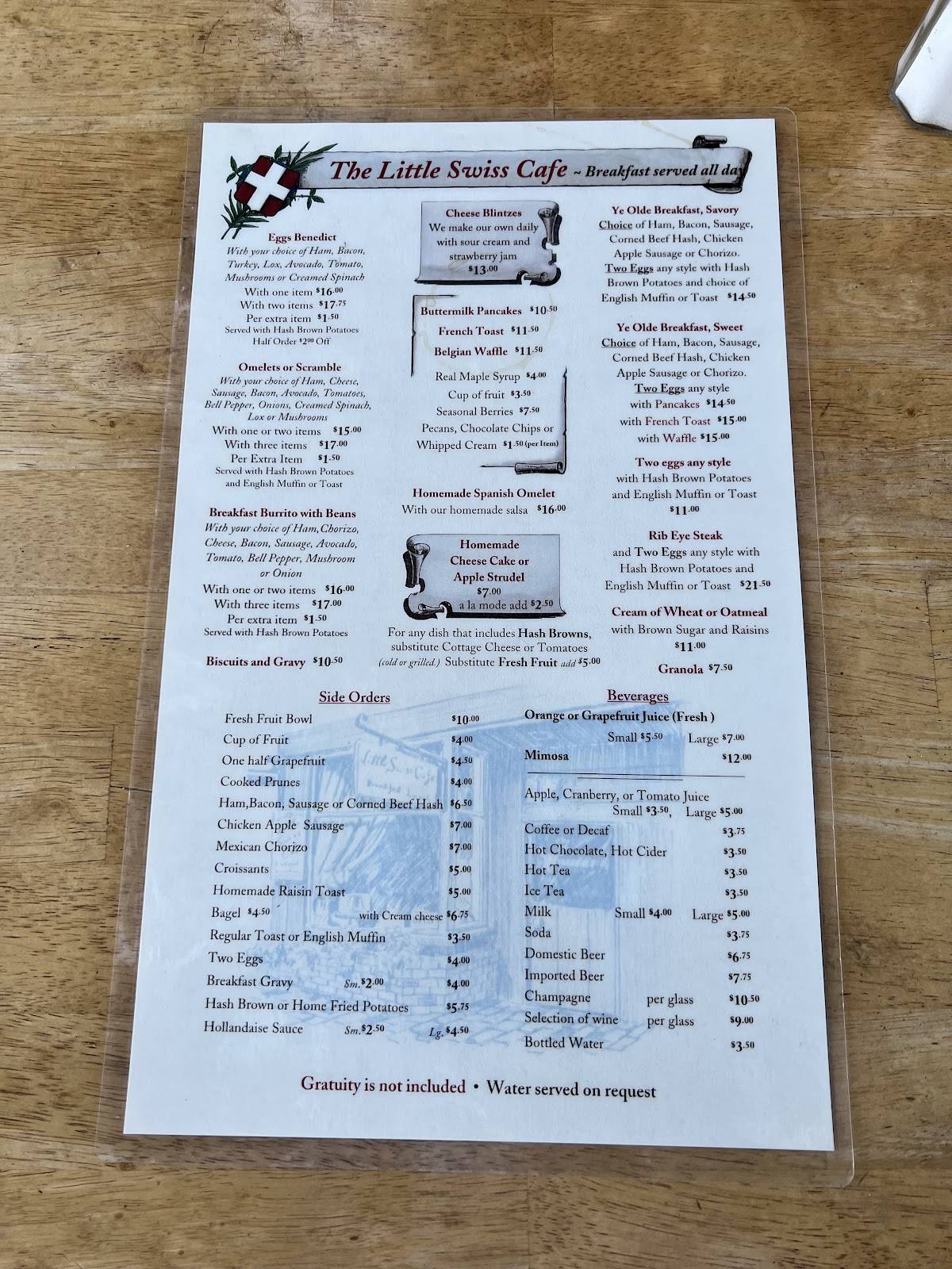 Menu at The Little Swiss Café cafe, Carmel-by-the-Sea