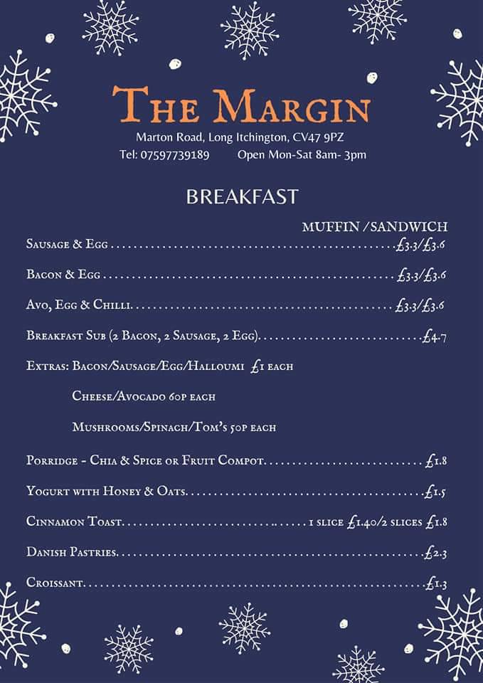 Menu at The Margin Cafe, Southam