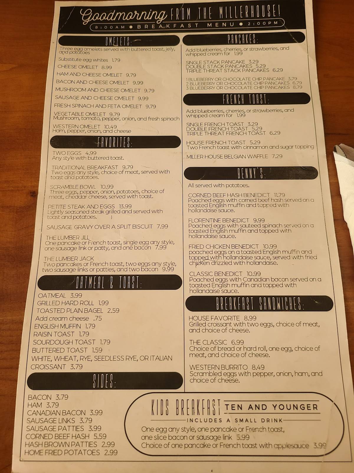 Menu at The Miller House restaurant, Alden