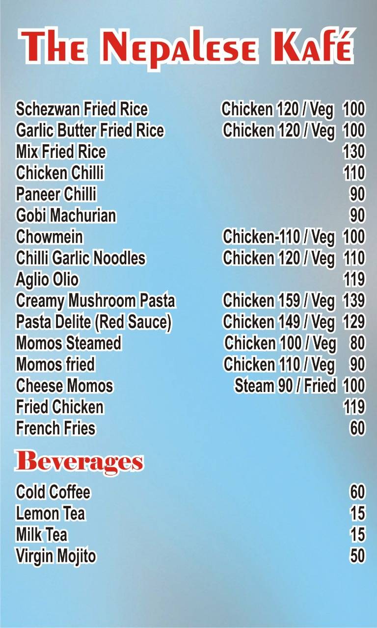Menu at The Nepalese Kafe, Bengaluru