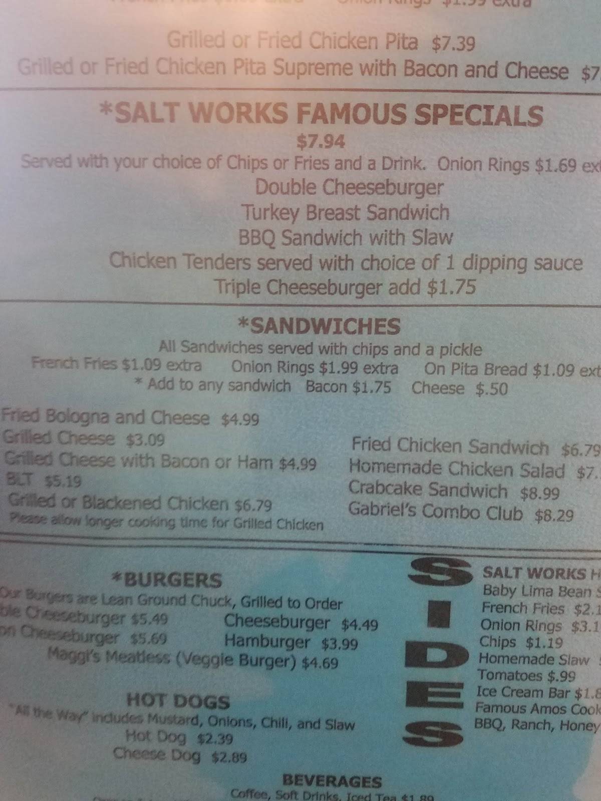 Menu at The Original Salt Works restaurant, Wilmington