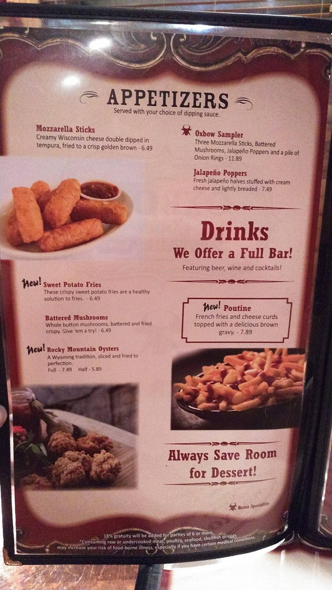 Menu at The Oxbow steakhouse, Lander