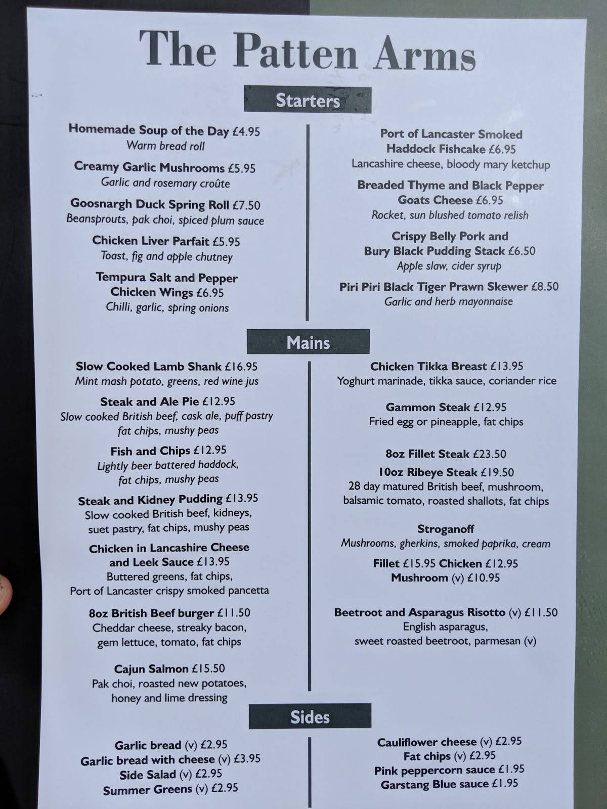 Menu at The Patten Arms pub & bar, Garstang, Park Ln