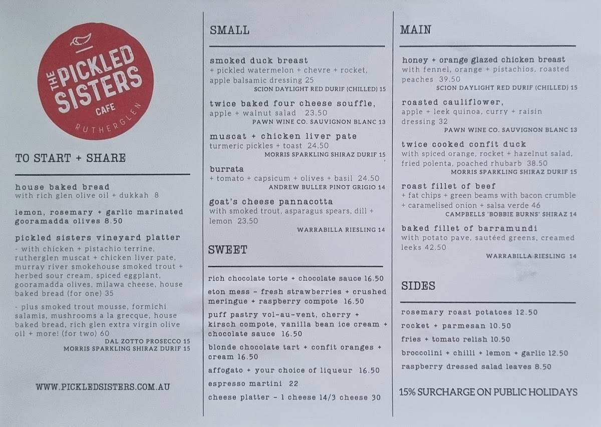 Menu at The Pickled Sisters Cafe, Wahgunyah, 121 Main St