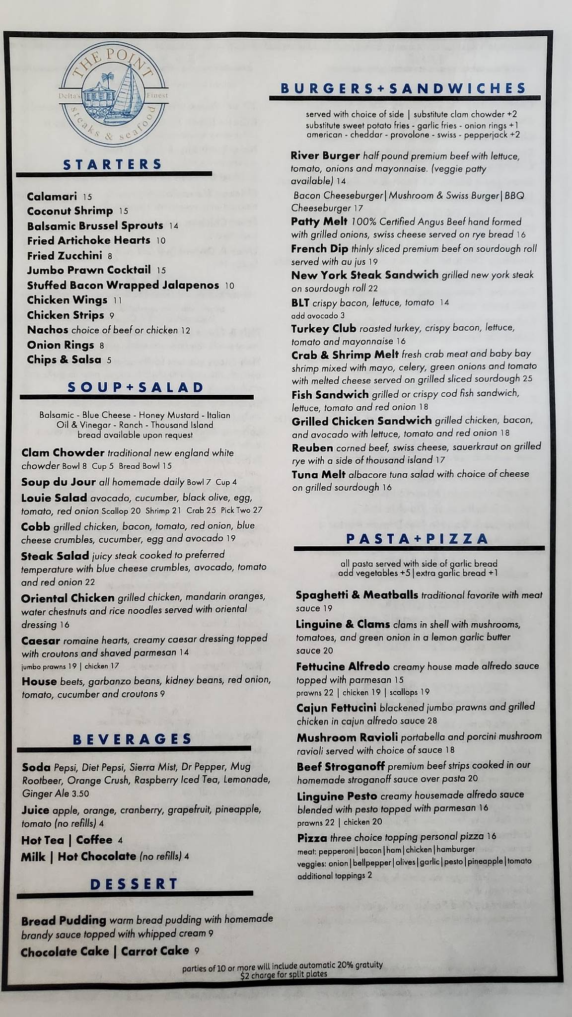 Menu at The Point Restaurant, Rio Vista