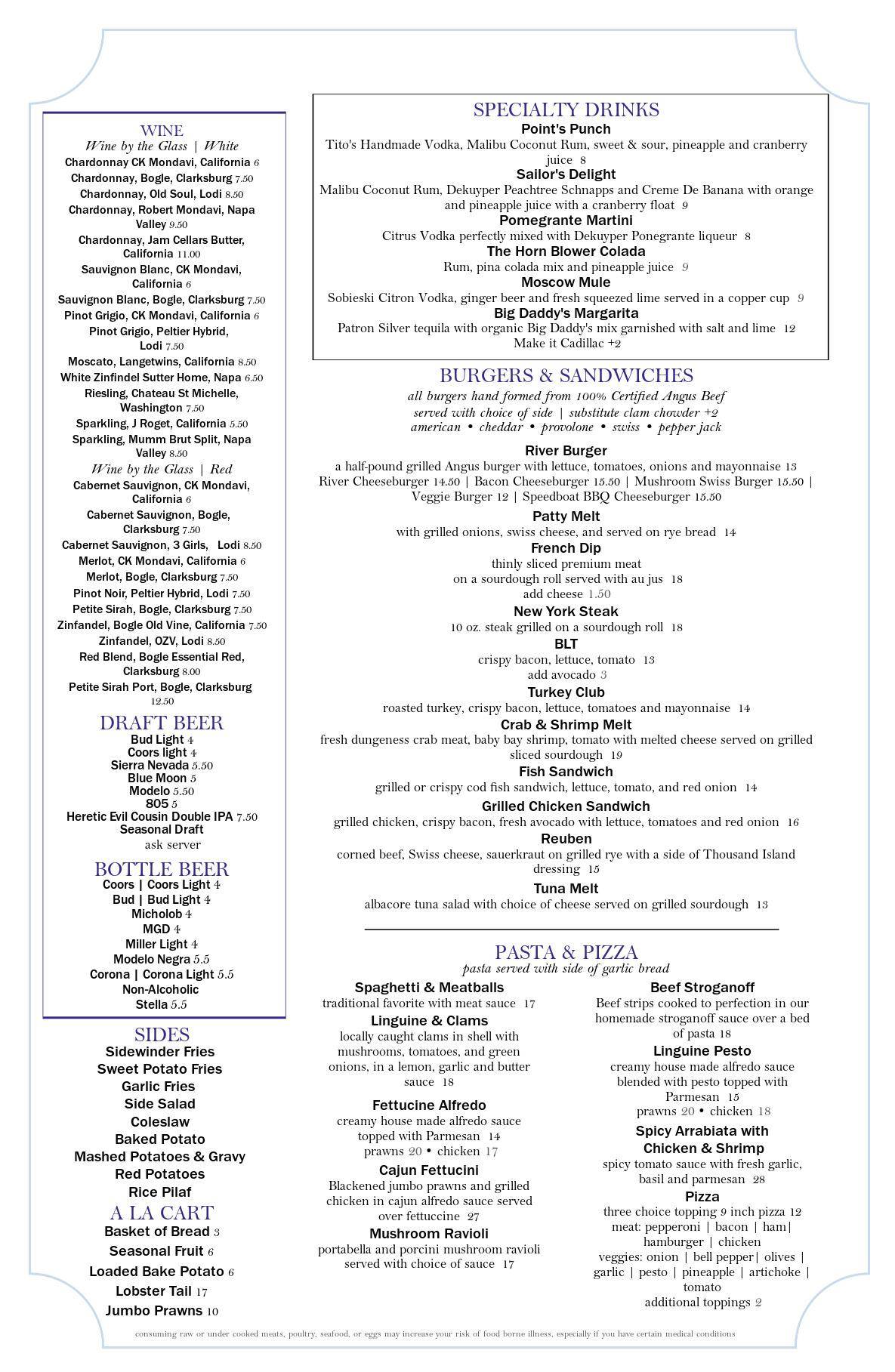 Menu at The Point Restaurant, Rio Vista