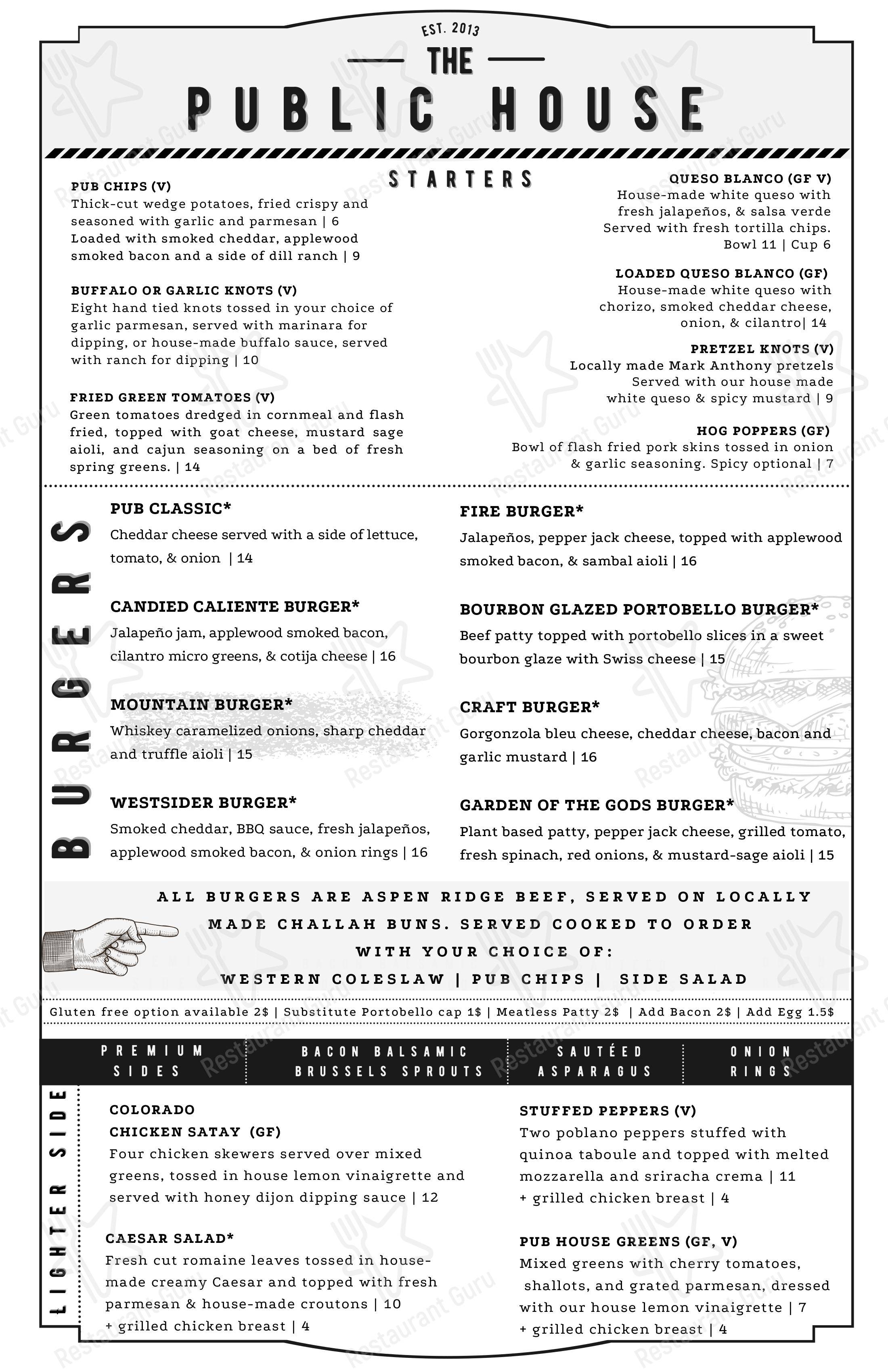 Menu at The Public House, Colorado Springs