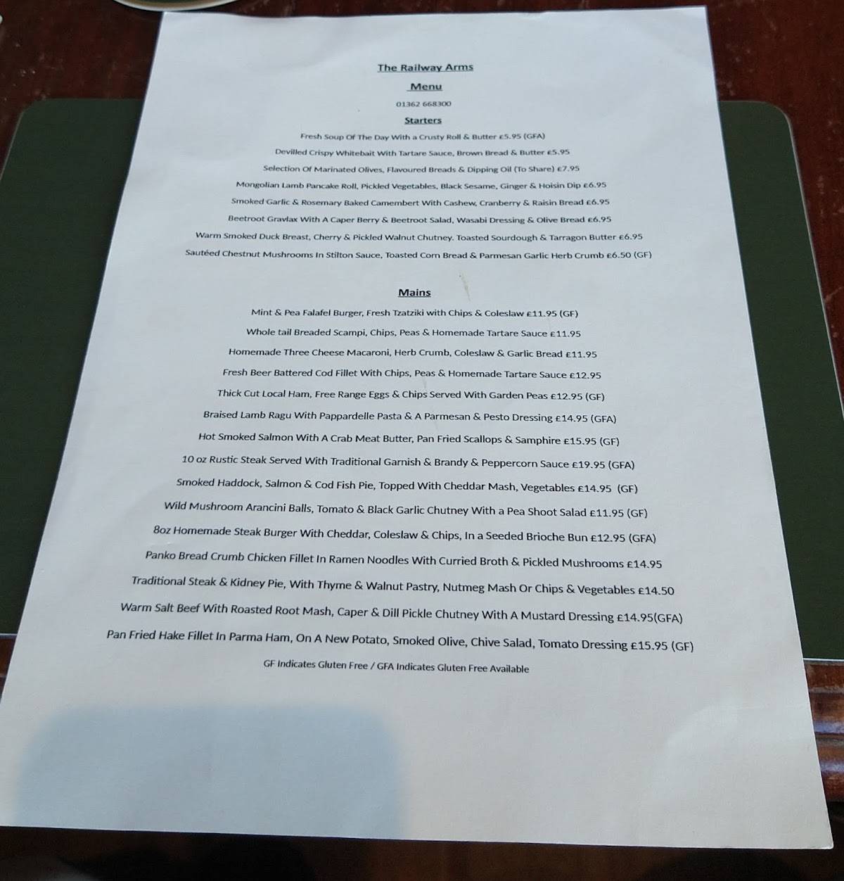 Menu at The Railway Arms pub & bar, Dereham