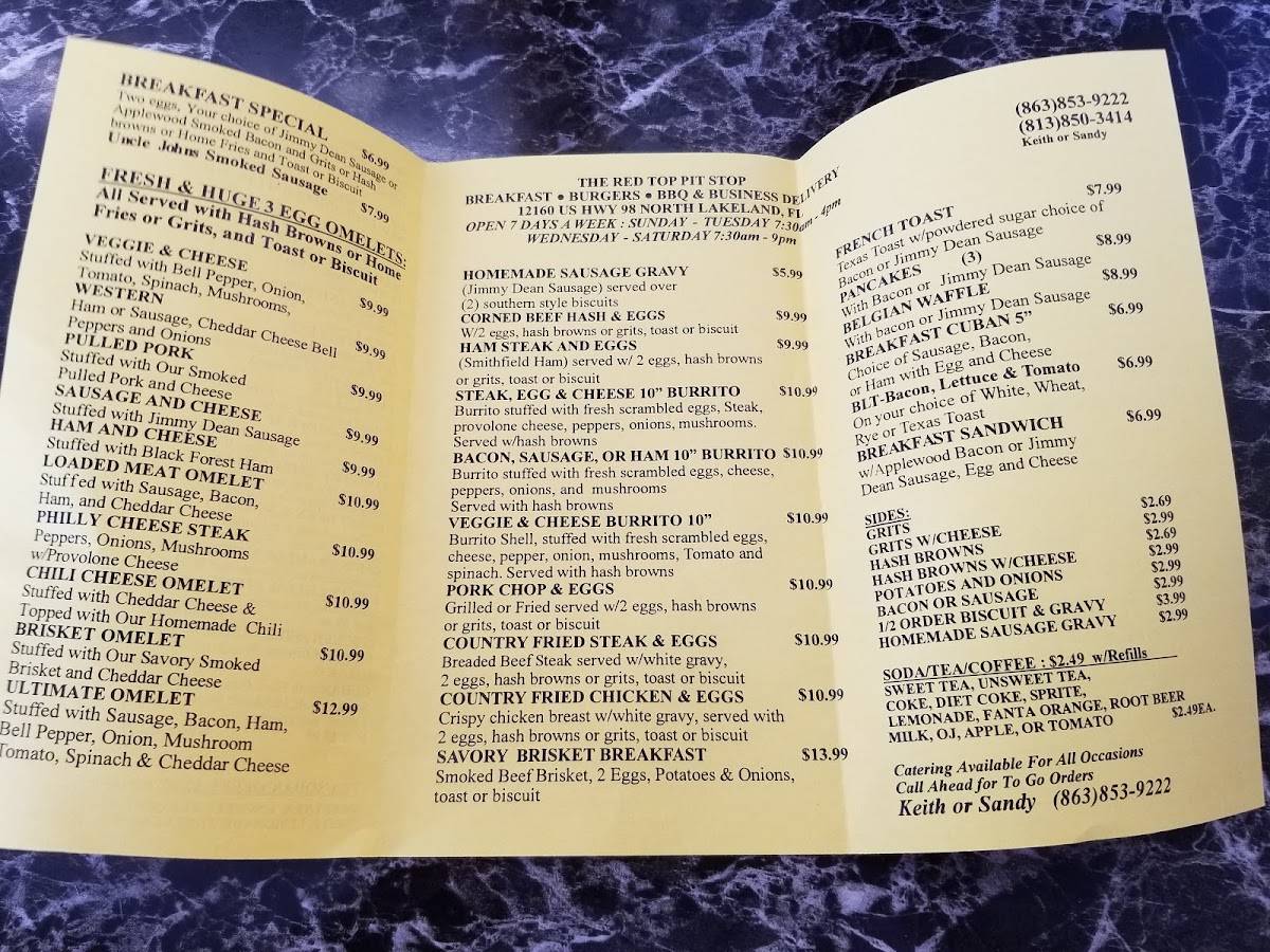 Menu at The Red Top Pit Stop BBQ, Lakeland, US Hwy 98 N