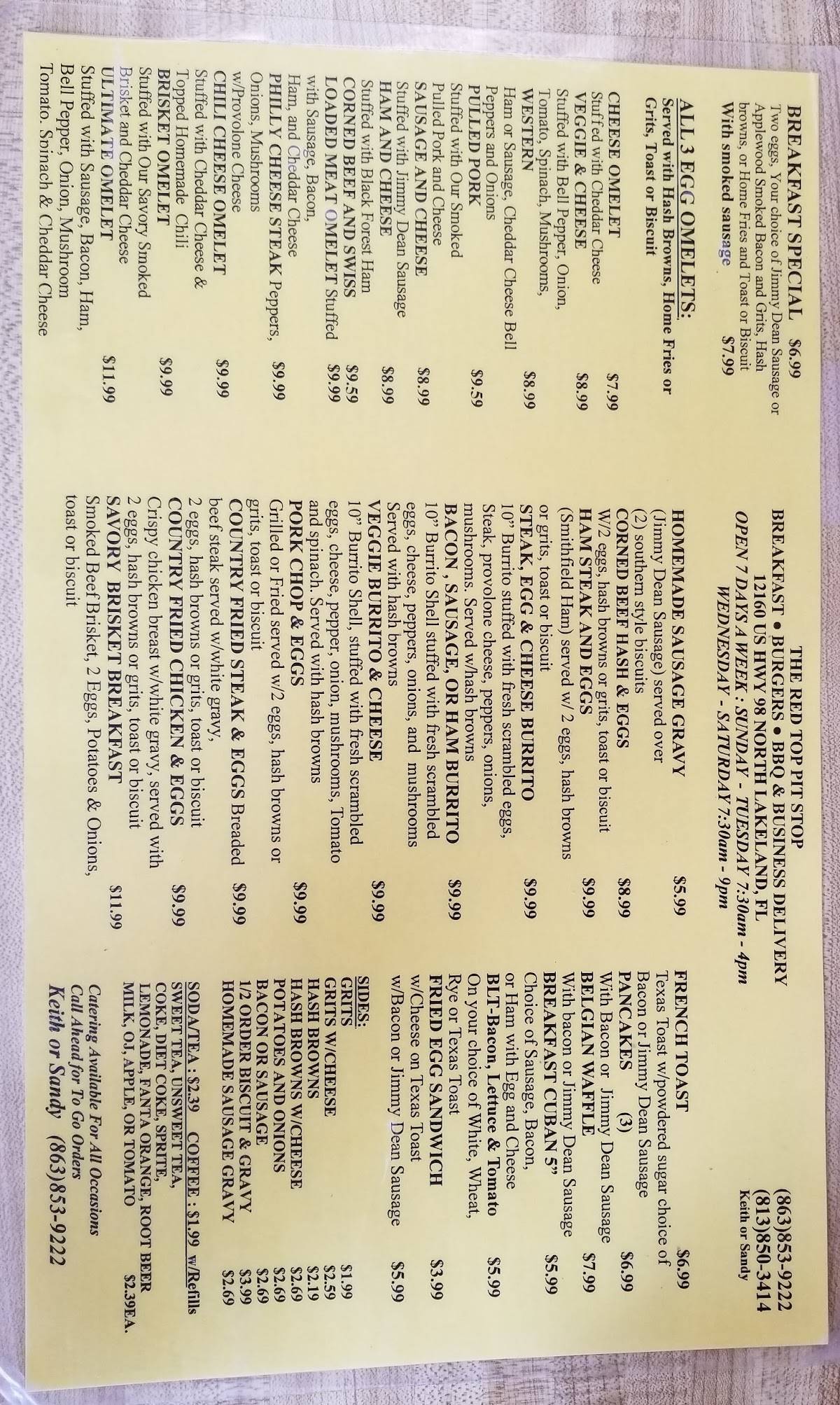 Menu at The Red Top Pit Stop BBQ, Lakeland, US Hwy 98 N