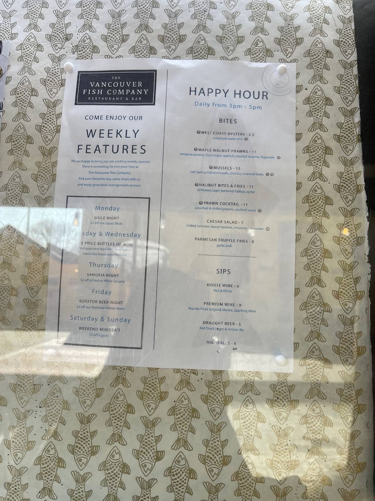 Menu at The Sandbar Seafood Restaurant, Vancouver