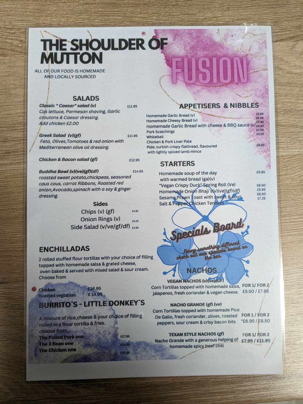 Menu at The Shoulder Of Mutton pub & bar, Chapel-en-le-Frith