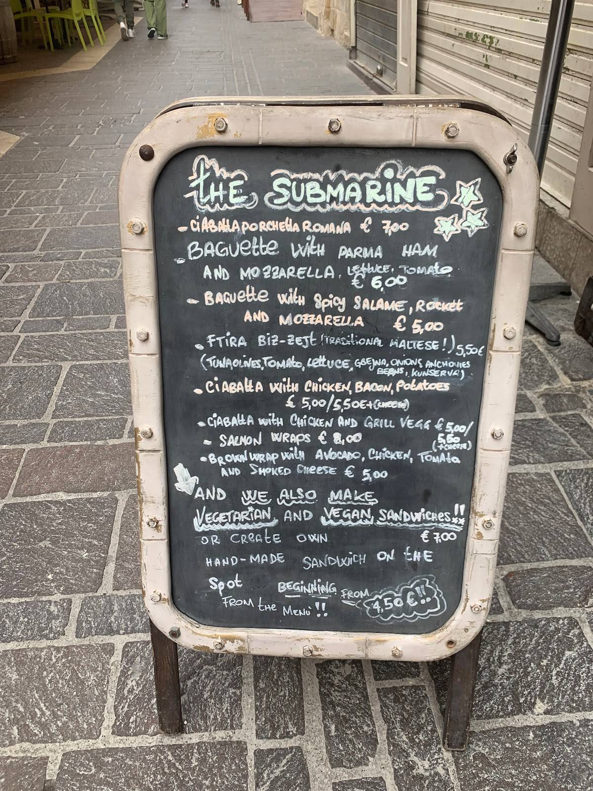 Menu at The Submarine fast food, Valletta