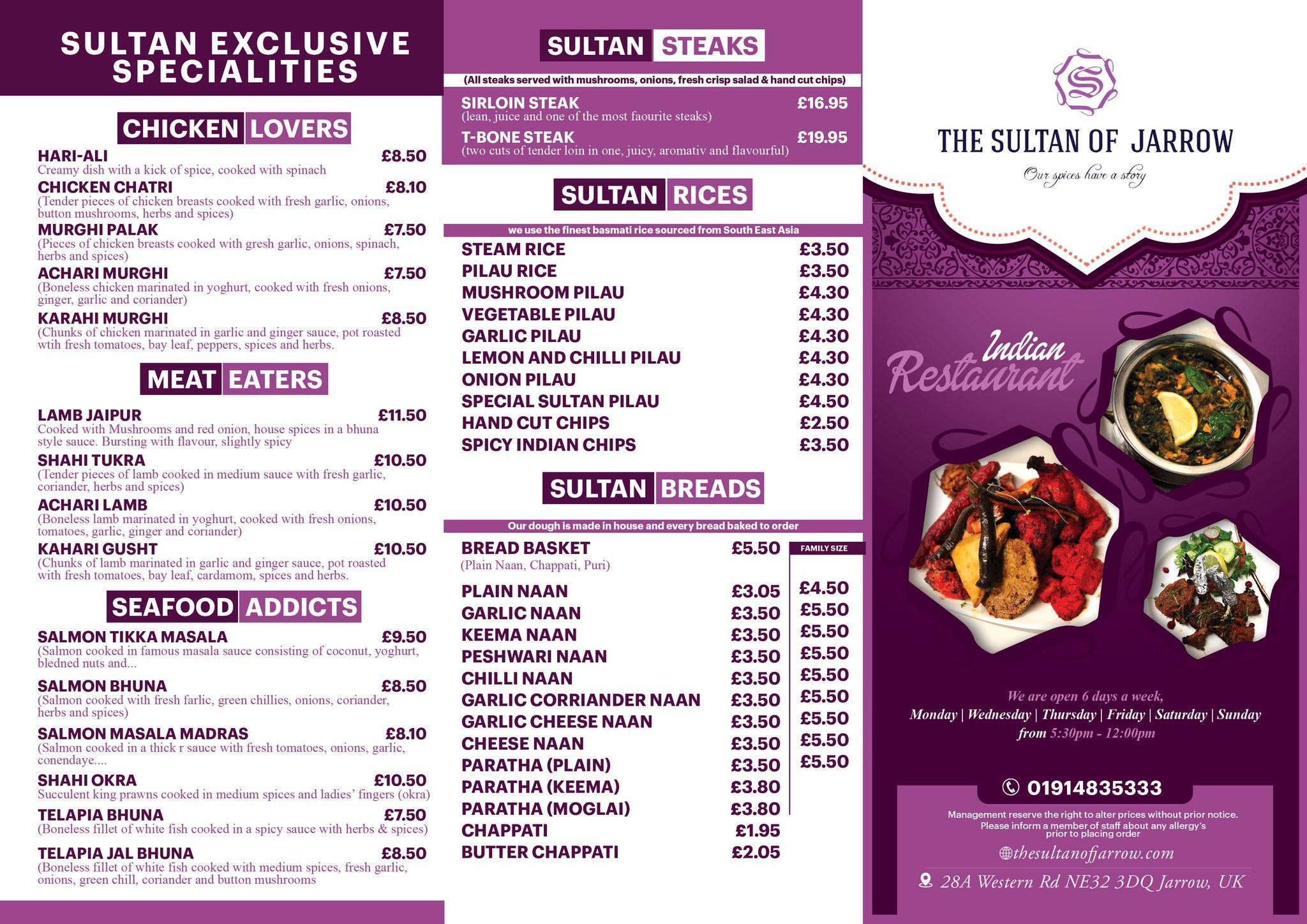 Menu at The Sultan of Jarrow restaurant, Jarrow