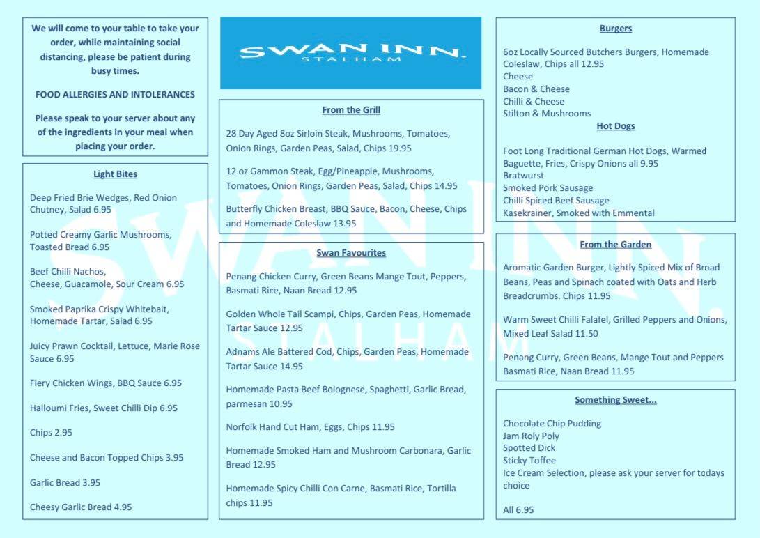 Menu at The Swan Inn Stalham pub & bar, Stalham, 90 High St