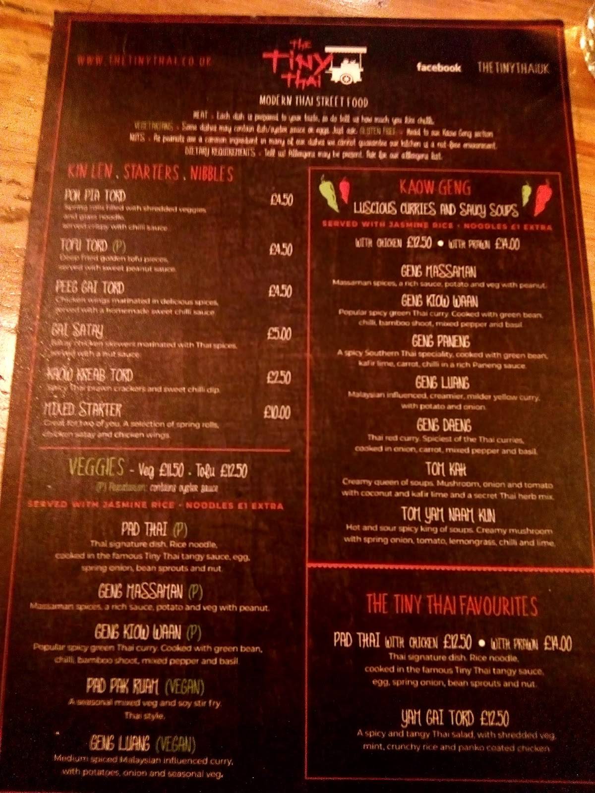 Menu at The Tiny Thai restaurant, Wadebridge