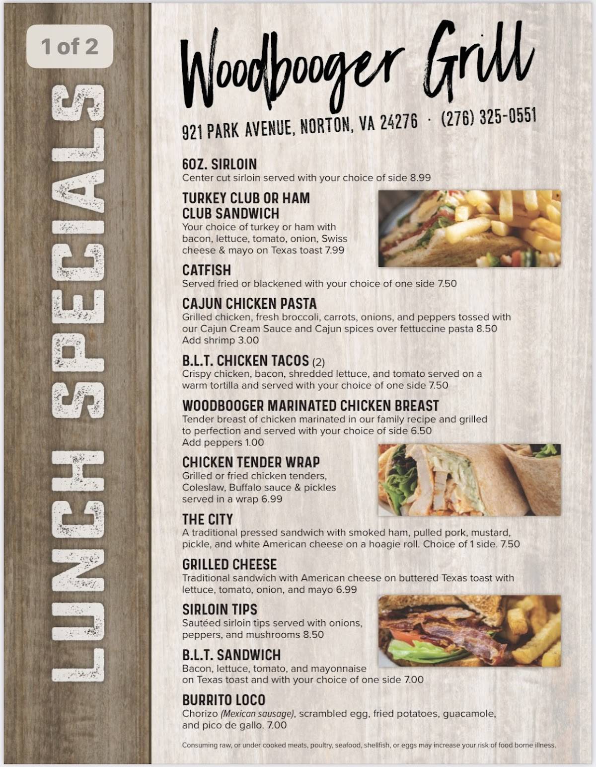 Menu at The Wood Booger Grill restaurant, Norton