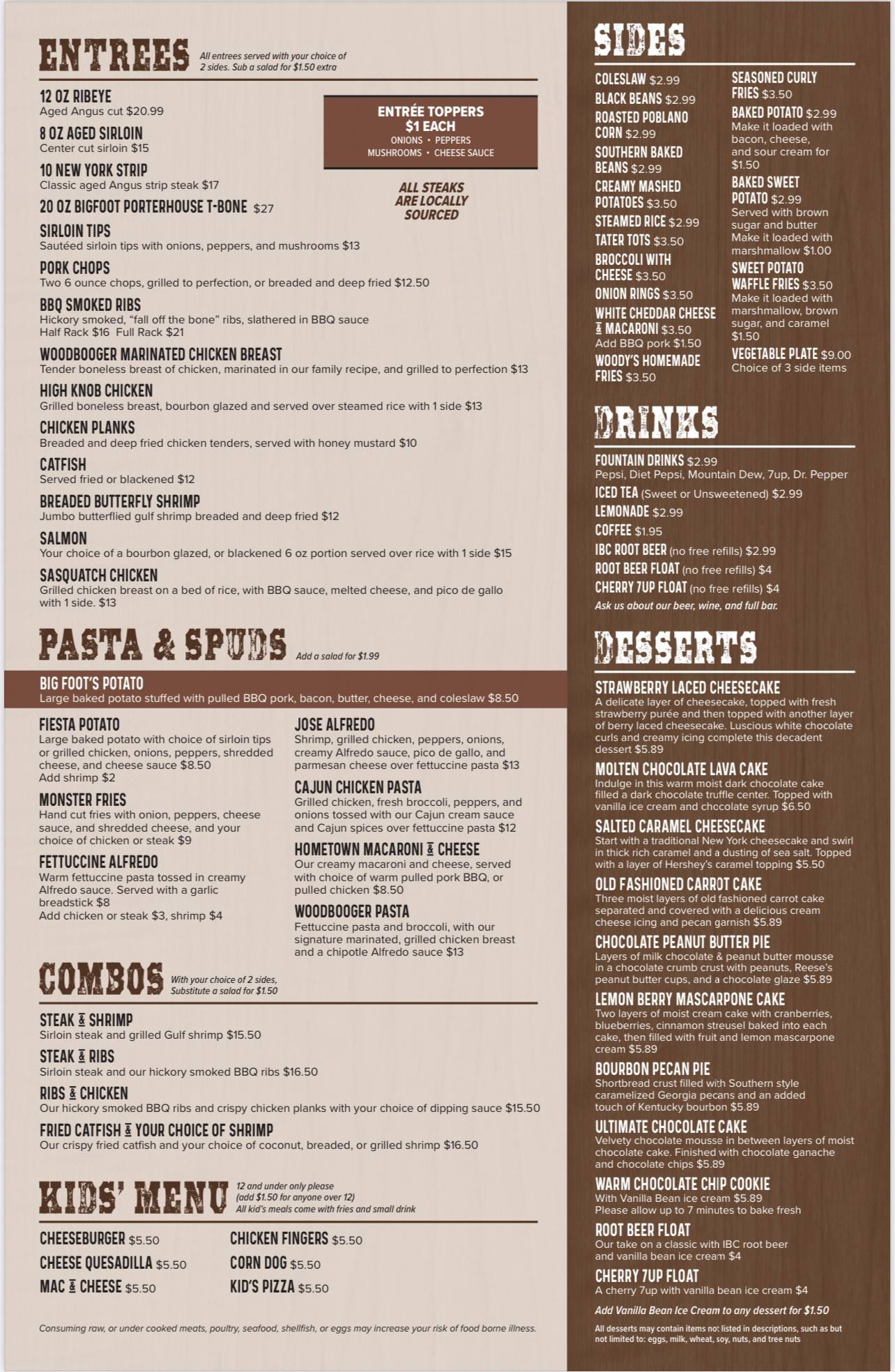 Menu at The Wood Booger Grill restaurant, Norton